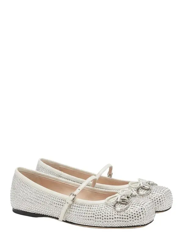 Gucci Crystal Horsebit Ballet Flats - White