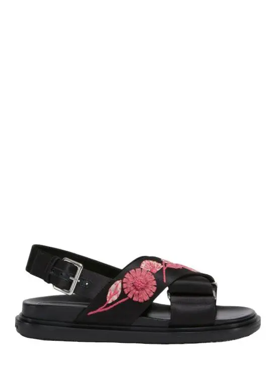 Marni Satin Fussbett Sandals With Floral Appliqués - Black