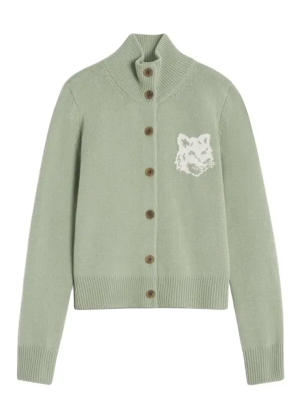 Maison Kitsuné Fox Head Intarsia High-neck Cardigan - Sage Green/light Brown