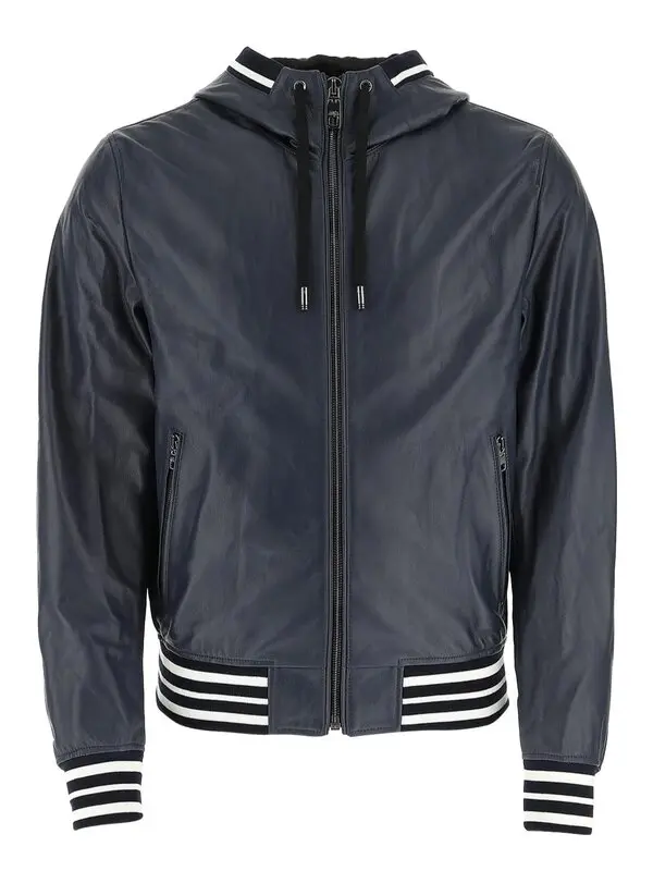 Dolce & Gabbana Long-sleeve Leather Jacket With Drawcord Hood - Blu Navy