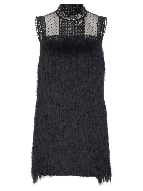 TWINSET Sleeveless High Neck Fringed Mini Dress - Black