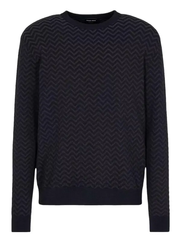 Giorgio Armani Plated Chevron Virgin Wool Crew Neck Jumper - Blue