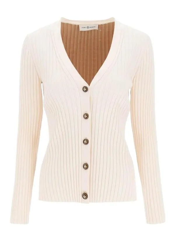 Tory Burch Ribbed-knit Button-up Cardigan - White