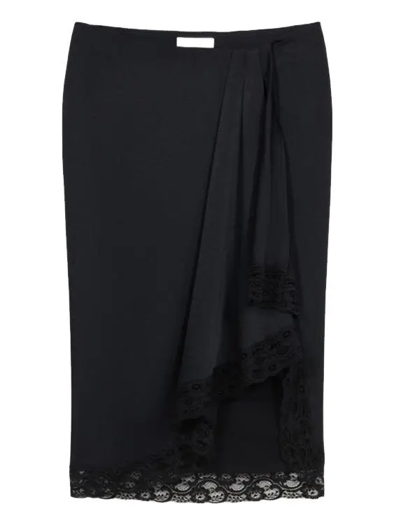 Blumarine Asymmetrical Lace Hem Midi Skirt - Black