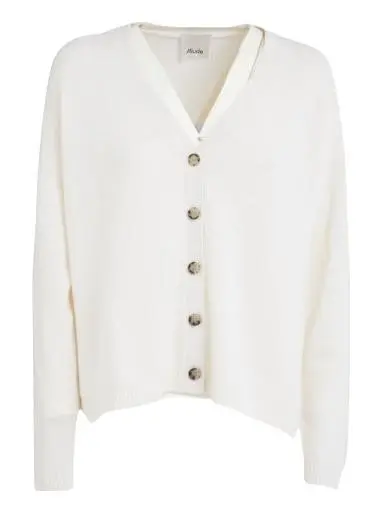 ALLUDE V-neck Knitted Cardigan With Ribbed Trim - White