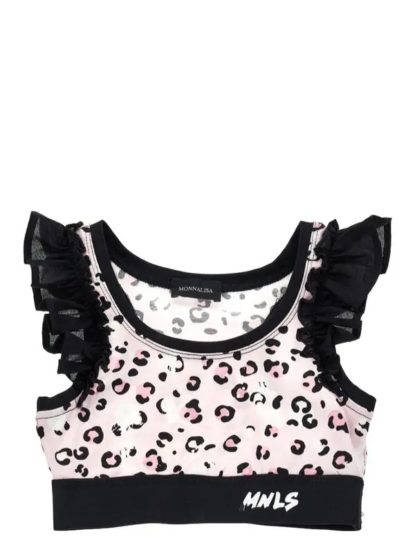 Monnalisa Leopard Print Cropped Tank Top With Ruffle Sleeves - Black