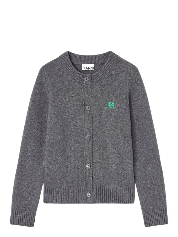 GANNI Logo Embroidered Crewneck Cardigan - Grey