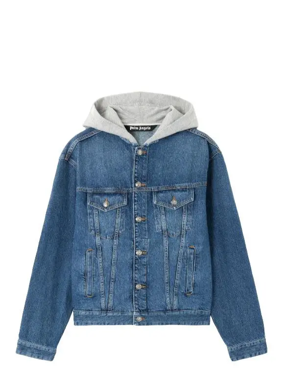 Palm Angels Curved Logo Denim Jacket With Integrated Hoodie - Medium Blue Melange Grey