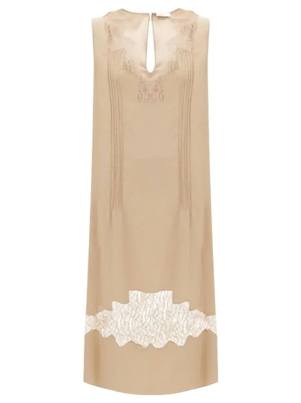 FERRAGAMO Pure Silk Dress With Lace Inserts - Nude