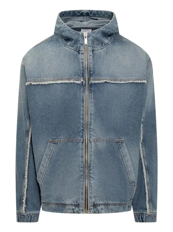 MARCELO BURLON COUNTY OF MILAN Fringed Denim Zip-up Hooded Jacket - Blue