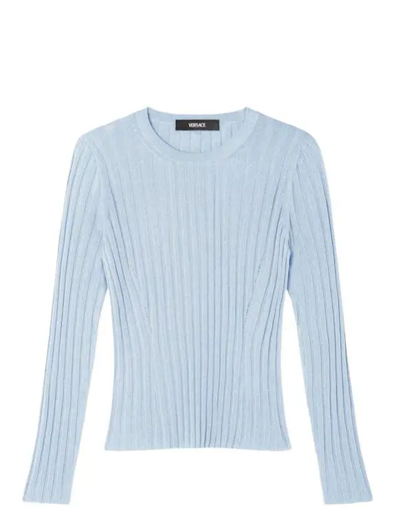 Versace Ribbed Knit Crewneck Top With Long Sleeves - Blue