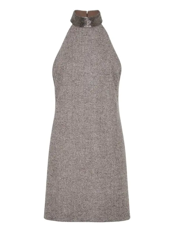 Brunello Cucinelli Sleeveless Herringbone Tweed High Collar Dress - Gray