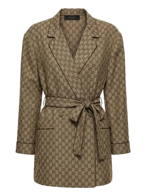 Gucci Printed Twill Shirt With Belt - Beige And Dark Brown