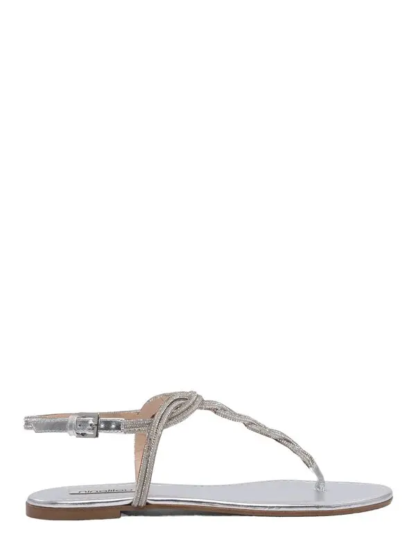 NINALILOU Round Toe Embellished Flat Sandals - Silver