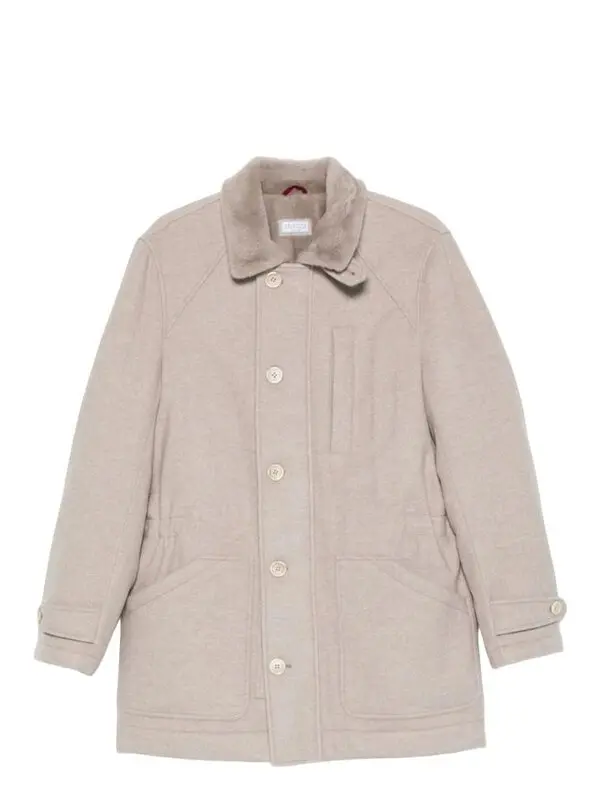 Brunello Cucinelli Single-breasted Coat With Fur Collar - Beige