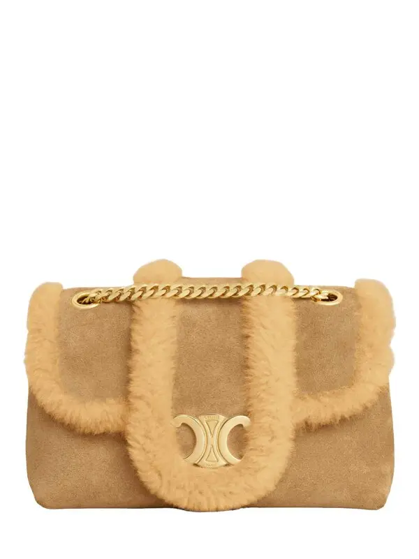 Celine Teen Victoire Bag In Suede Calfskin And Shearling - Natural Color