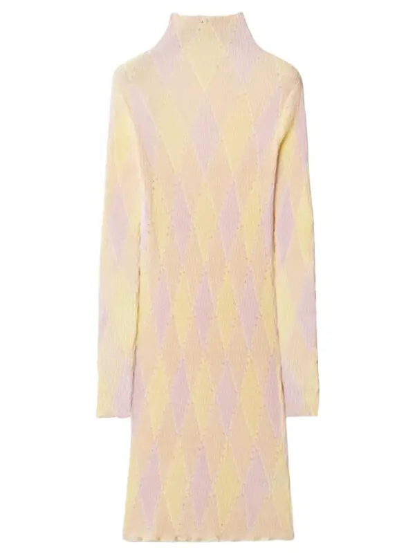 Burberry Ribbed-knit Argyle Long-sleeved Dress - Nude