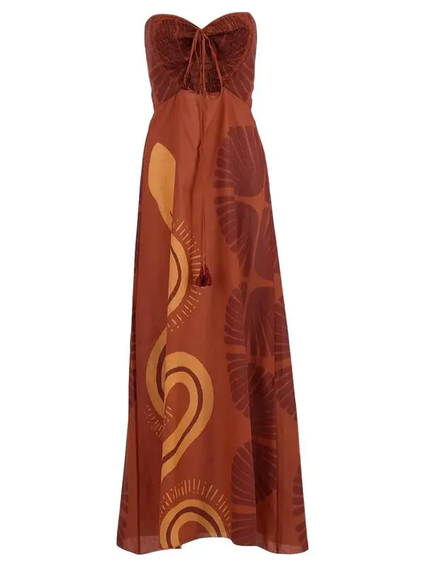 Johanna Ortiz Off-the-shoulder Printed Maxi Dress With Embroidered Fringe - Terracotta Color, Multi-color