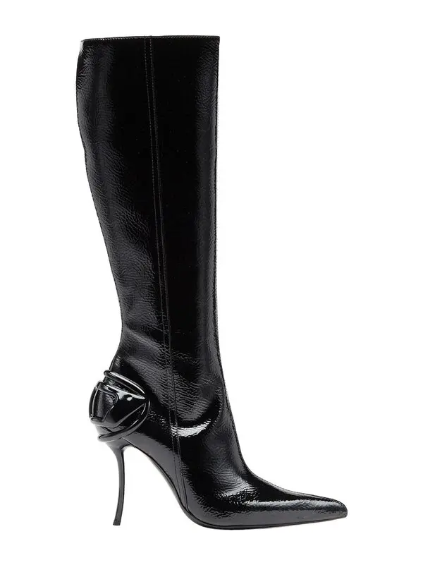 DIESEL® Glossy Knee-high Stiletto Boots With Oval D Logo - Black