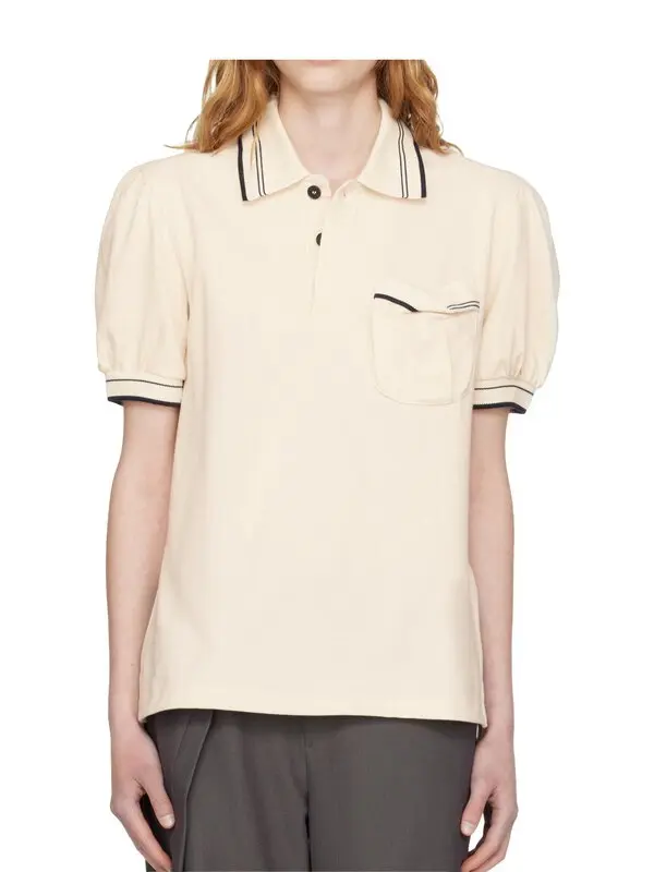 OPEN YY Striped Ribbed Short Sleeve Polo Shirt - White