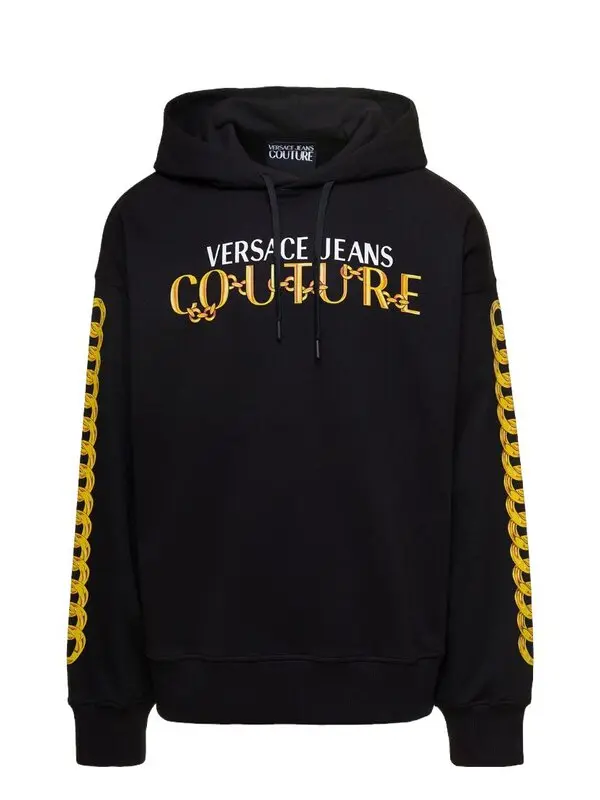 Versace Logo Printed Drawstring Hoodie - Black