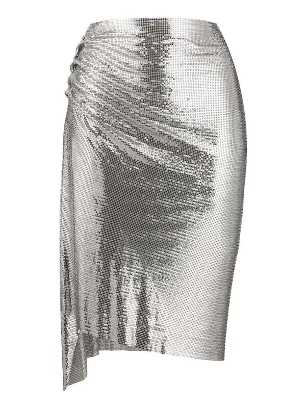 Rabanne Asymmetric Metallic Ruched Midi Skirt - Gray