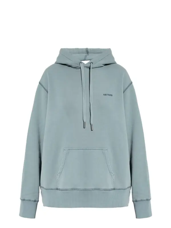 Ami Logo Embroidered Drawstring Hoodie - Blue