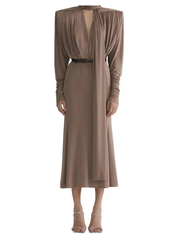 MUGLER Draped Maxi Dress With Keyhole Neckline And Belt - Brown