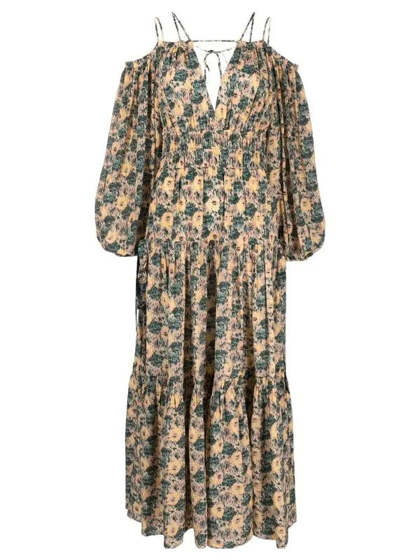 Ulla Johnson Floral Print Long Sleeve Cold Shoulder Maxi Dress - Nude
