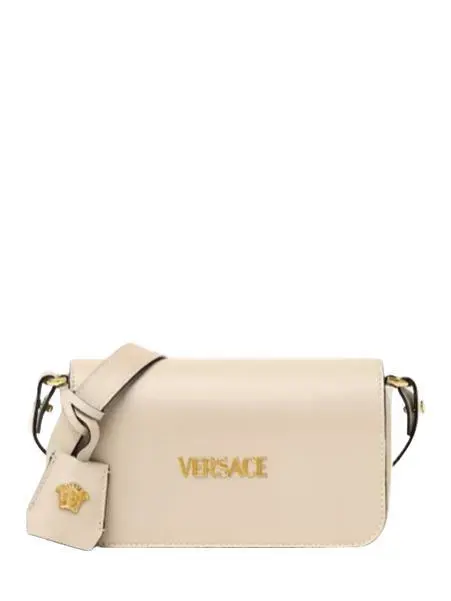 Versace Tag Foldover Top Mini Shoulder Bag - Nude