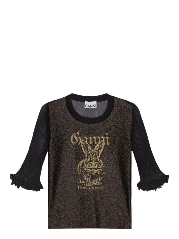 GANNI Sheer Jacquard Top With Graphic Motif - Black