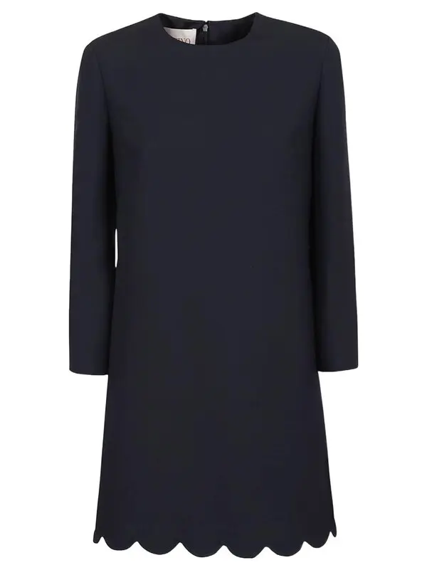 Valentino Garavani Crewneck Long Sleeve Scalloped Hem Mini Dress - Navy Blue