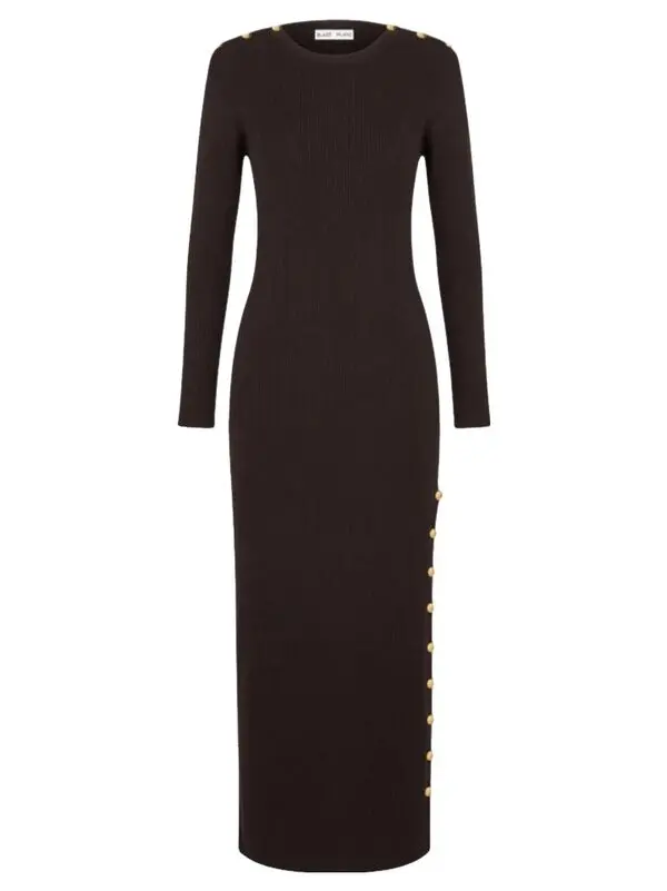 BLAZÉ MILANO Long Sleeve Ribbed Dress With Gold-tone Buttons - Dark Chocolate