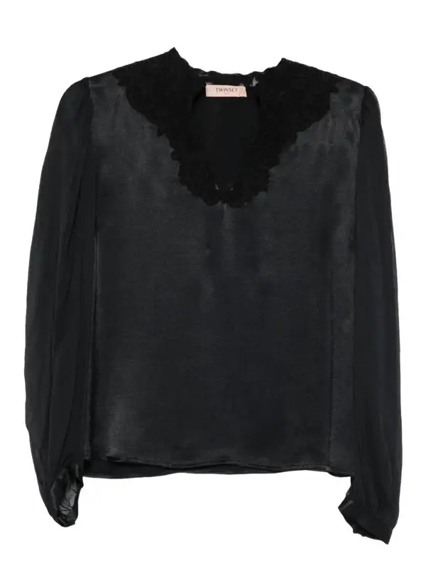 TWINSET Lace Trim V-neck Blouse - Black