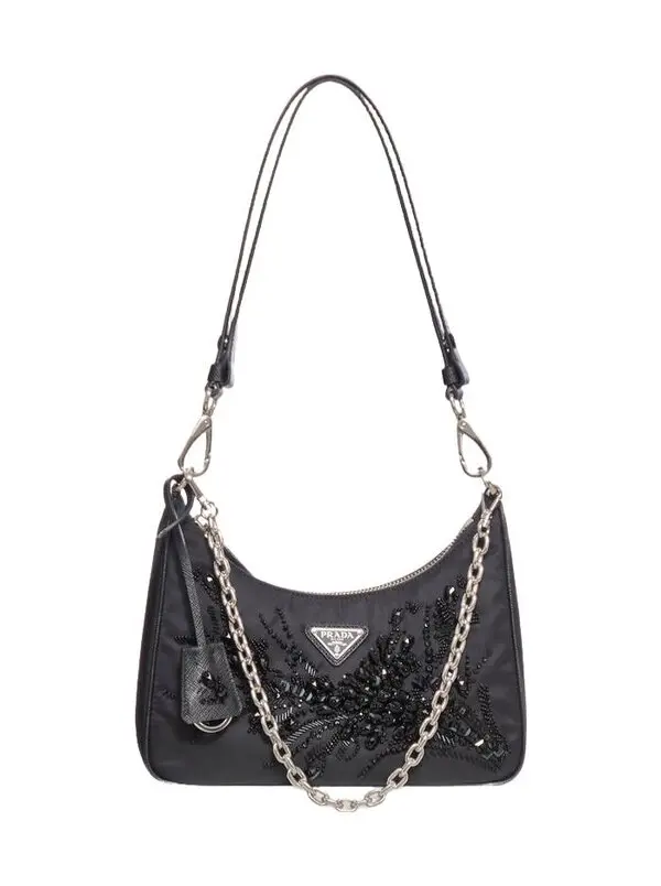Prada Embellished Zipped Shoulder Bag - Black