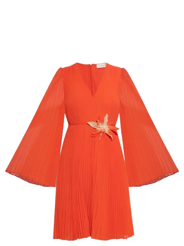 Zimmermann Sunray Pleated Mini Dress With Floral Rope Belt - Red