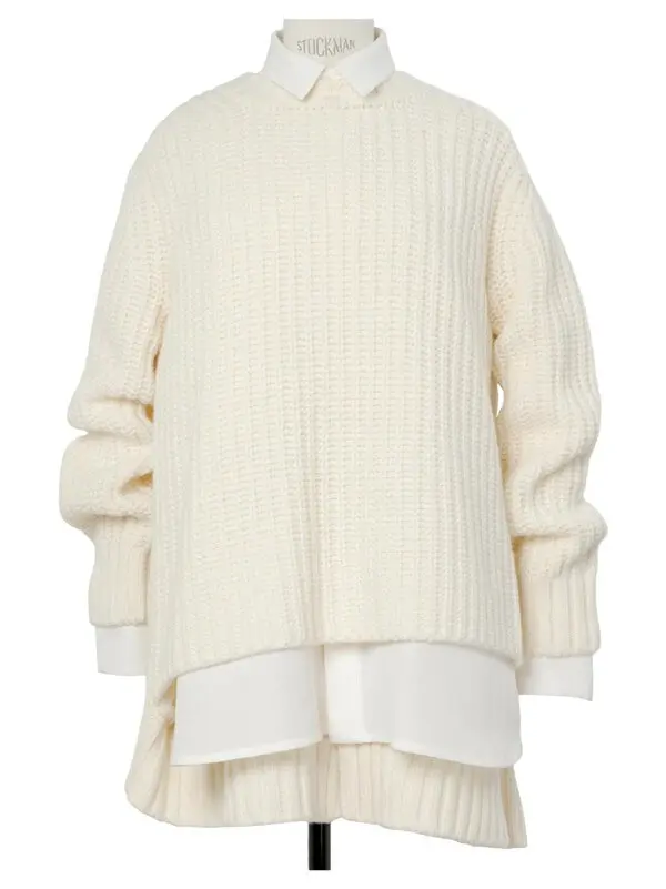 Sacai Layered Knitted Dress With Integrated Shirt - Off White