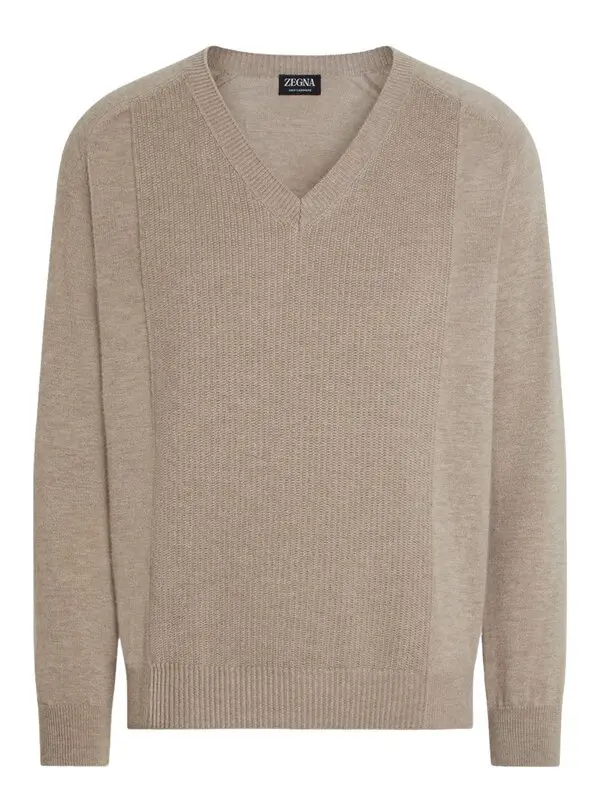 Zegna Oasi V-neck Ribbed Cashmere Sweater - Light Taupe