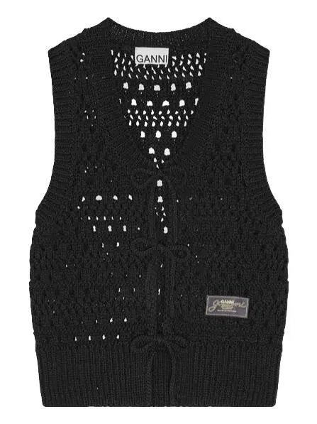 GANNI Crochet Tie String Vest - Black