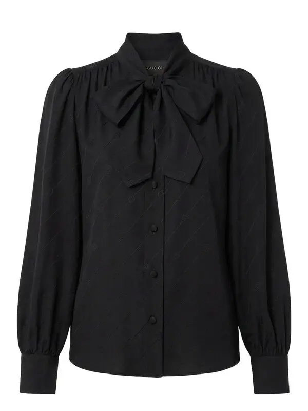 Gucci Silk Crêpe Satin Interlocking G Shirt With Self-tie Bow - Black