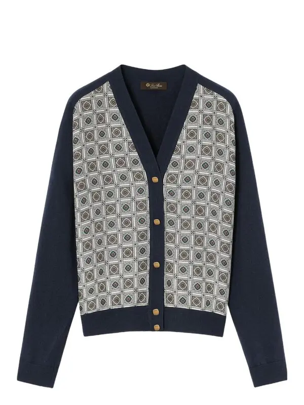 Loro Piana Mendoza Cardigan With Flower Tile Print - Blue Navy/ivory/green/red