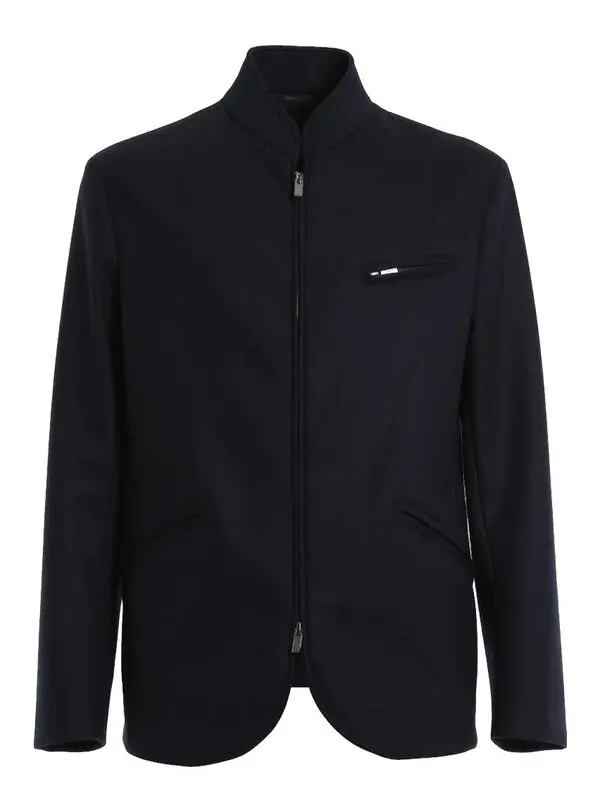 Emporio Armani Wool Stand Collar Zip-up Jacket - Black