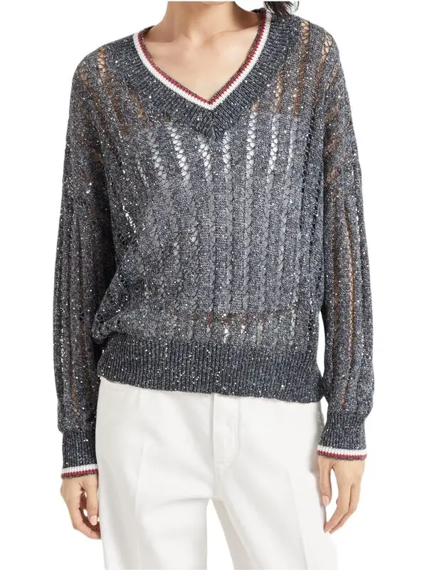 Brunello Cucinelli Openwork V-neck Jumper With Sequin Embellishments - Gray-blue