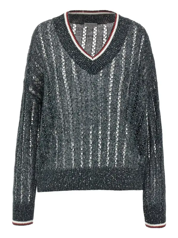 Brunello Cucinelli Metallic Openwork V-neck Jumper - Gray-blue