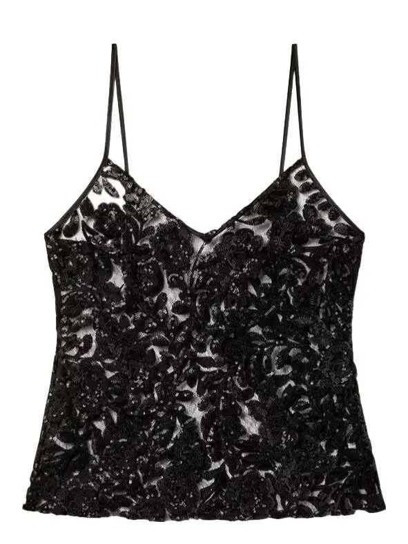 GOLDEN GOOSE Embellished Floral Tulle V-neck Top - Black