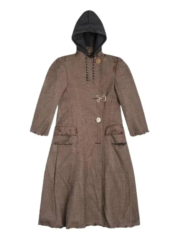 Balenciaga Houndstooth Button Coat With Drawstring Hood - Brown