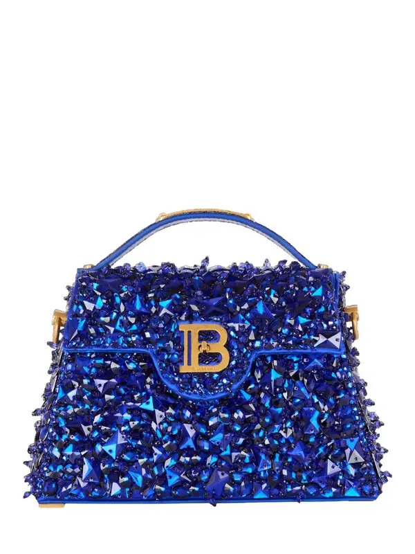 Balmain B-buzz Dynasty Bag In Leather And Embroidered Satin - Blue