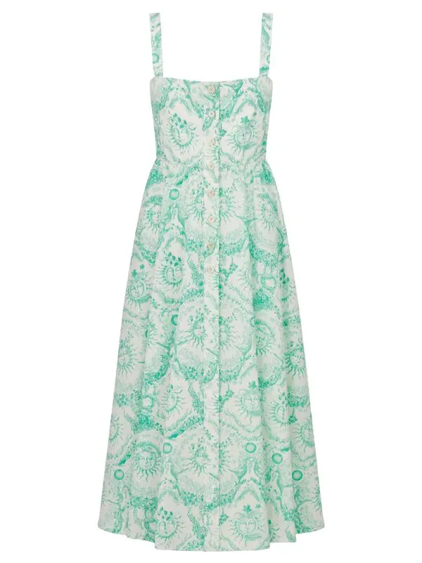 Dior Ivory And Green Printed Flare Midi Dress - White And Sea Blue