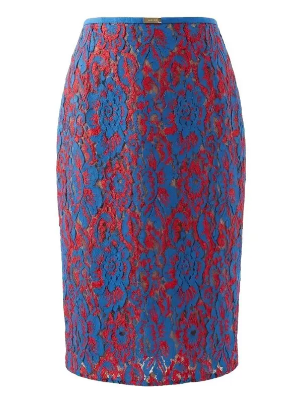 Gucci Floral Lace Wool Pencil Skirt - Blue And Red