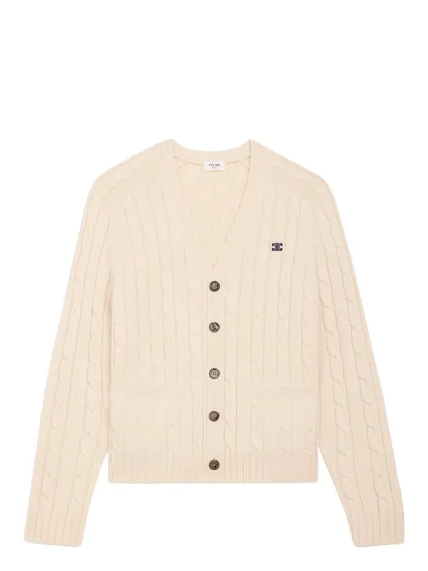 Celine Cable-knit Triomphe Cardigan In Cashmere - Cream